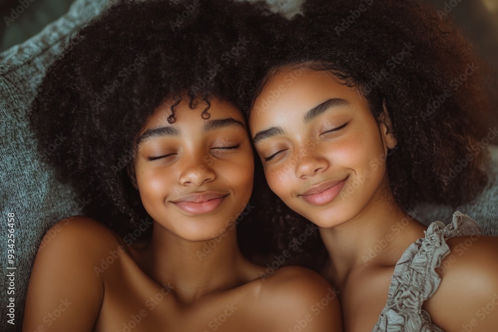 Younger and older sister spending time together at home. Two black ...