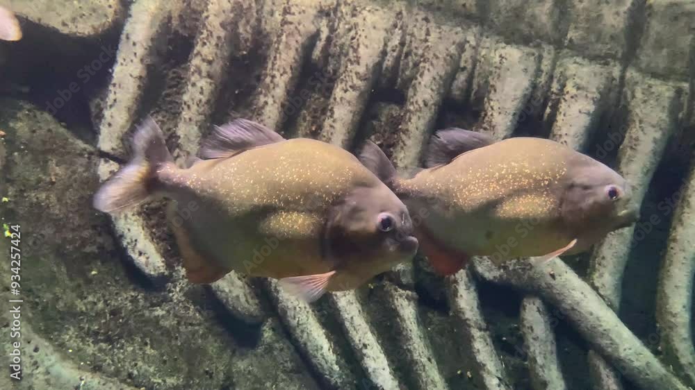 Red-bellied piranha. A swarm of piranha fish. Relatively dangerous ...