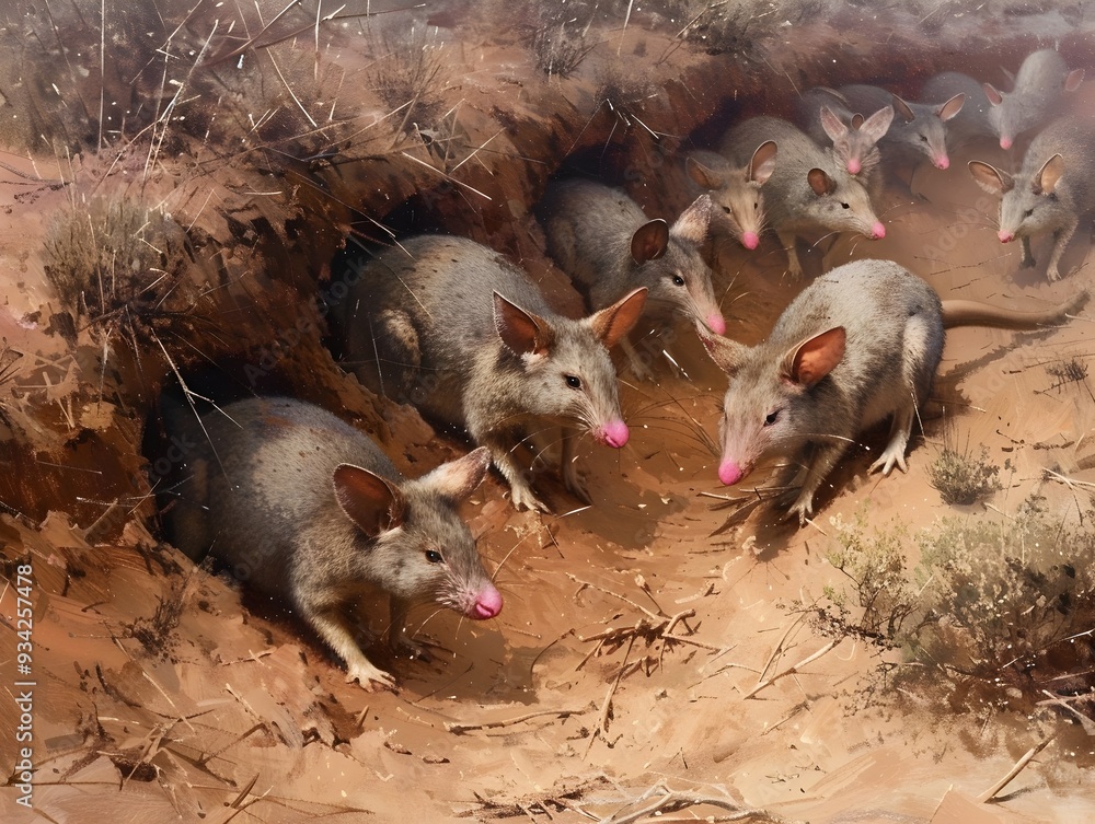 A colony of endangered bilbies foraging in the arid Australian ...
