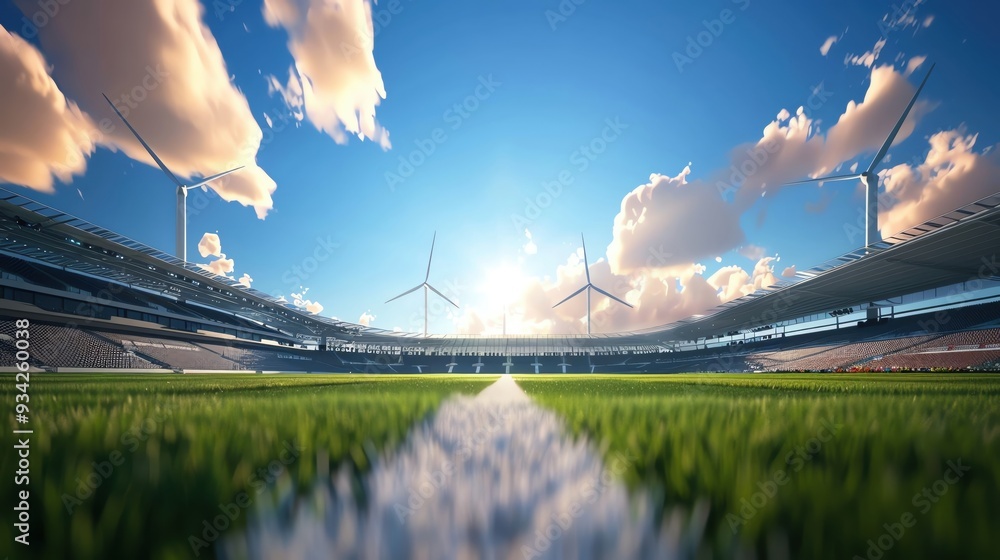 ecofriendly sports stadium, solar panels lining the roof, wind turbines ...