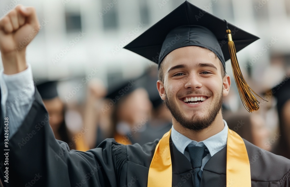 Graduate celebrating achievement outdoors with raised fist during ...