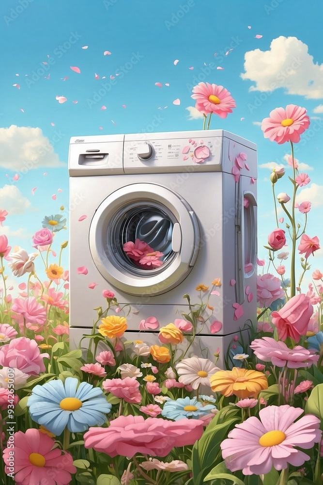 Cartoon Washing Machine in a Flower Field: Cleaning and Laundry ...