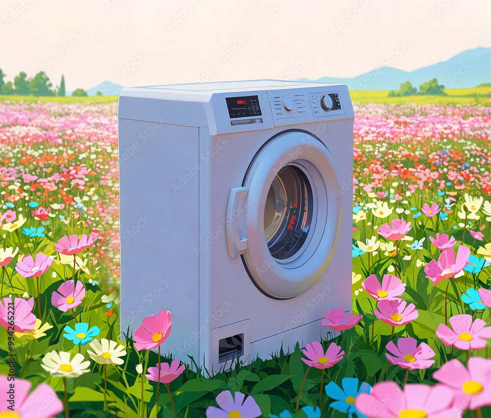 Cartoon Washing Machine in a Flower Field: Cleaning and Laundry ...