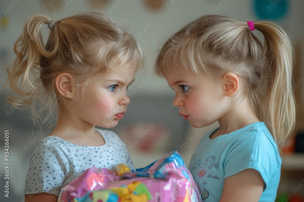 Two little mad angry girls sisters having fight at home. Friends girls ...