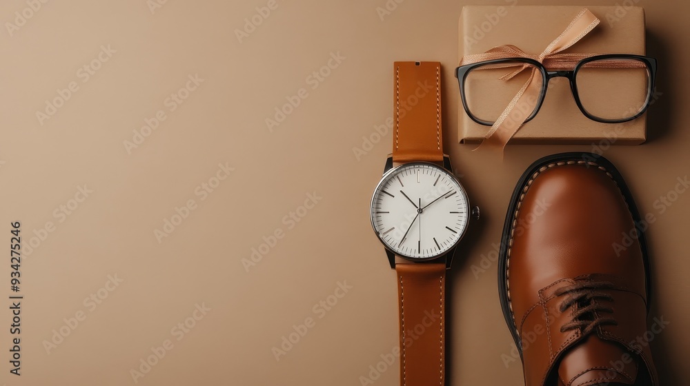 An organized flat-lay featuring an elegant watch with a leather strap ...