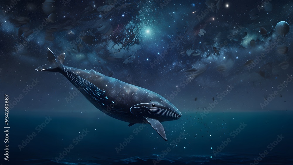 Surreal AI art of a floating whale in a starry night wallpaper in 4k ...