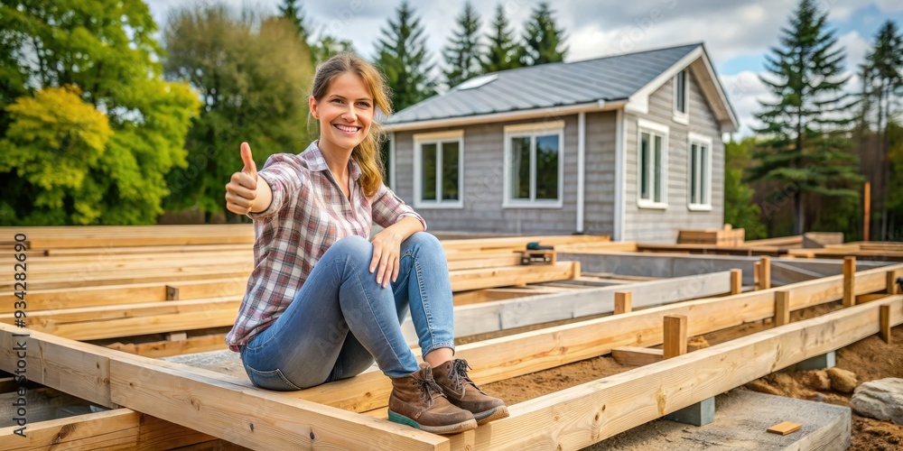 Smiling homeowner sits on concrete foundation, surrounded by wooden ...