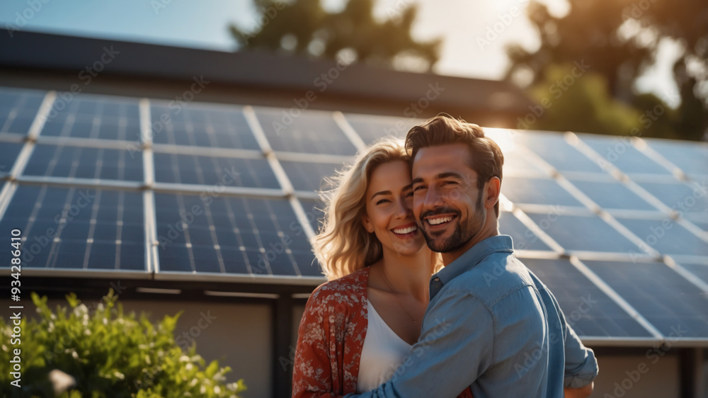 The concept of green energy. Happy family walking and having fun in ...