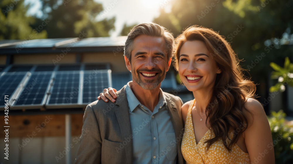 The concept of green energy. Happy family walking and having fun in ...