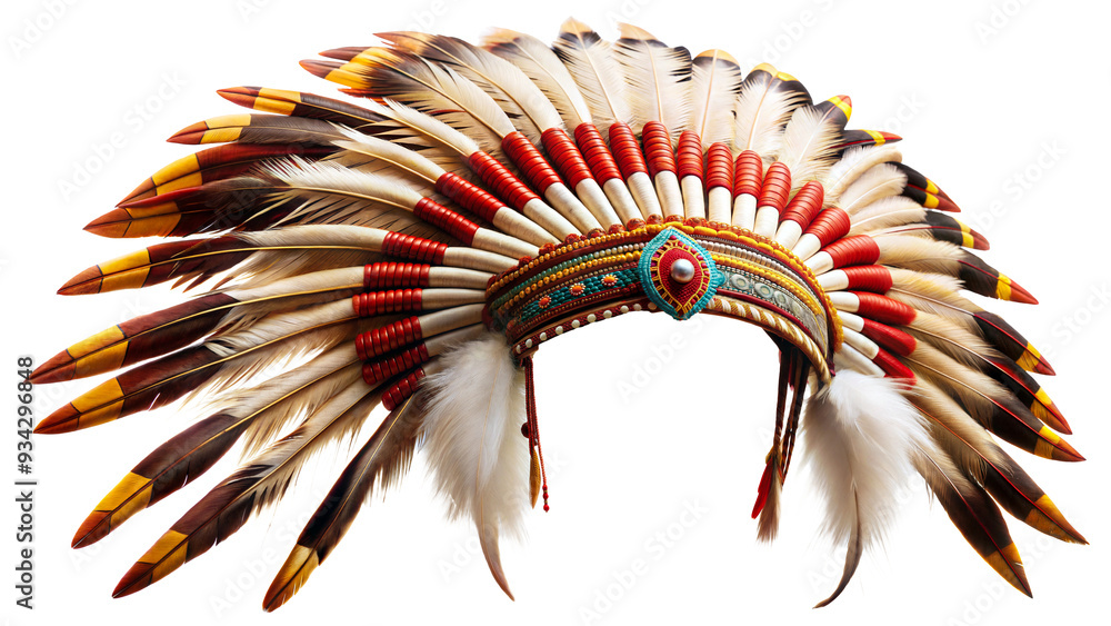 Traditional Native American headdress adorned with feathers and beads ...