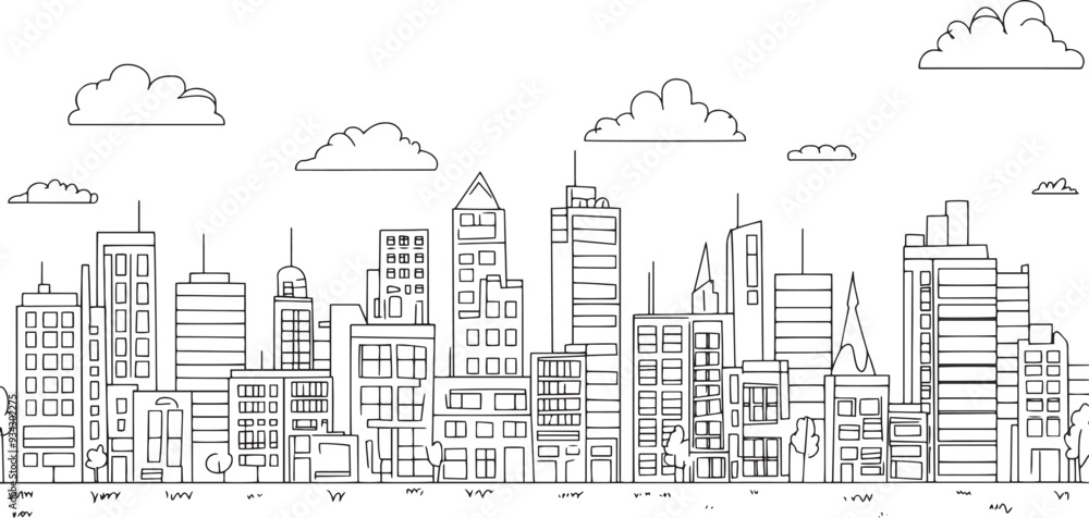 City landscape. Line urban backdrop. Skyline with clouds, different ...