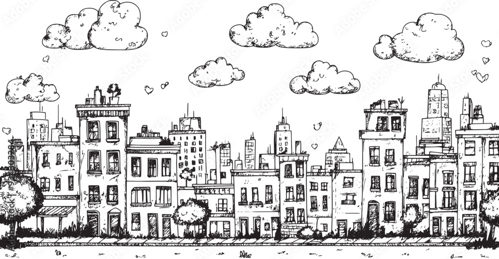 City landscape. Line urban backdrop. Skyline with clouds, different ...