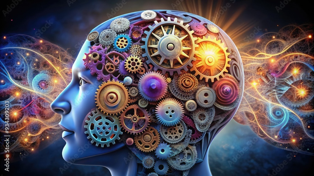 Surreal illustration of human brain with gears, cogs, and puzzle pieces ...