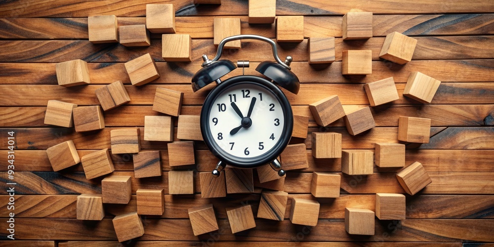 Top view of a black alarm clock surrounded by question marks on a ...