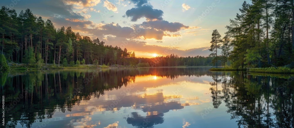Sunset On A Forest Lake Reflection Of Redheads From The Sunset Clouds ...