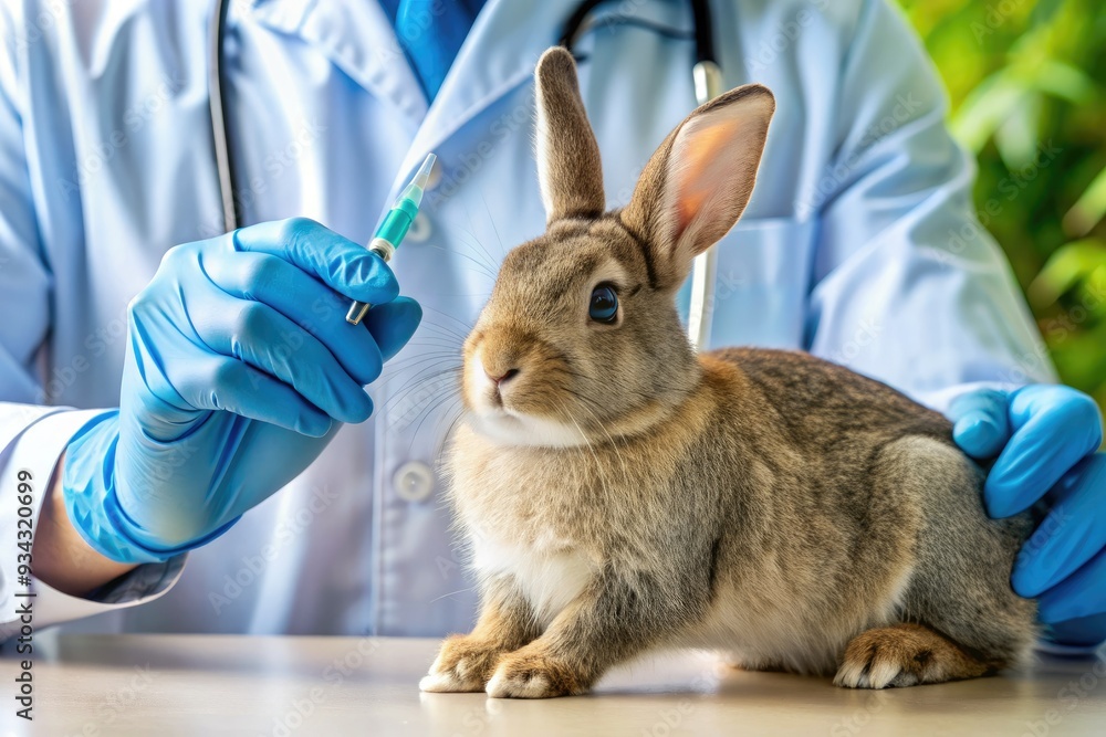 Veterinarian's skilled hands carefully administer a vaccine to a rabbit ...