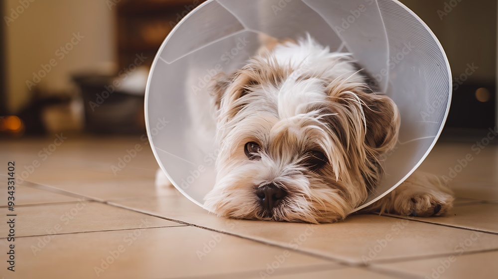 Sad Dog with Cone of Shame Lying on Tiled Floor in Cozy Stock Photo ...