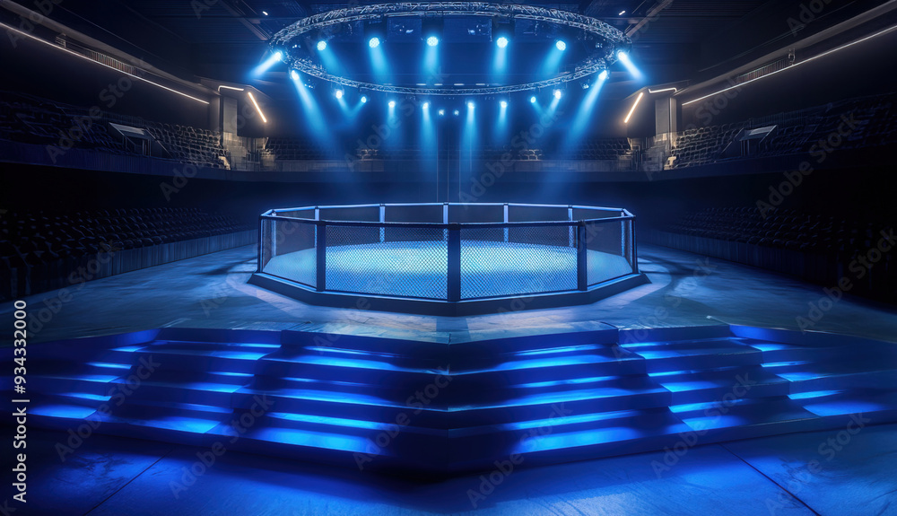 Stairs lead up to a platform with an MMA octagon in the centre. The ...