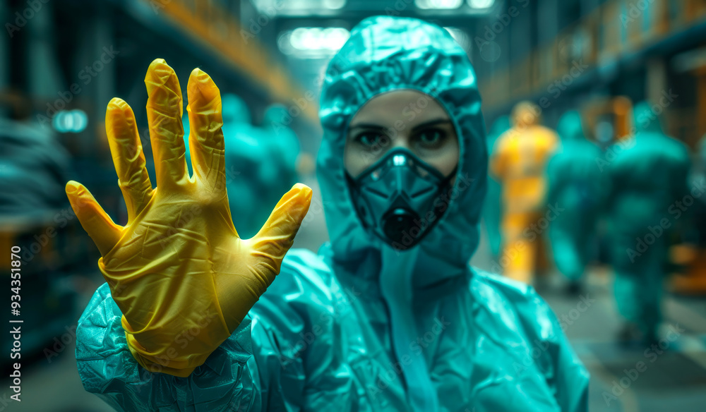 A woman in a hazmat suit is holding her hand up in a "stop" gesture ...