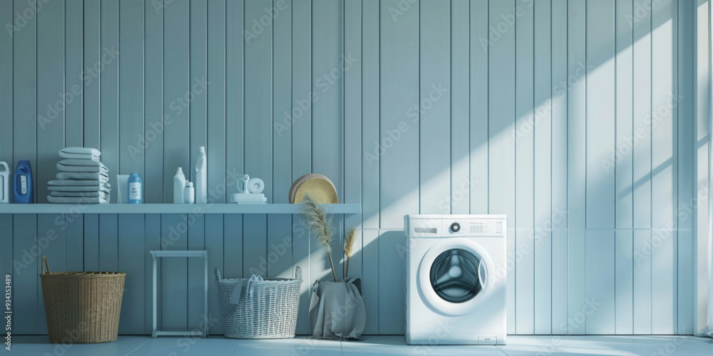 white side wall of a laundry room, back wall slatted panel in light ...