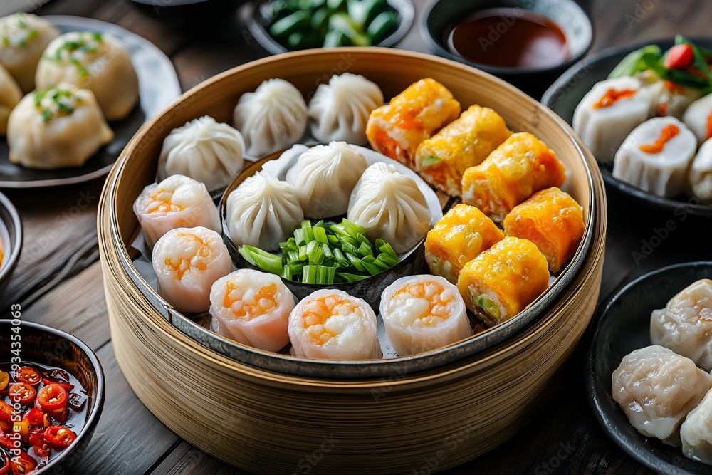 A Bamboo Steamer Filled With An Assortment Of Dim Sum, Including Shrimp ...