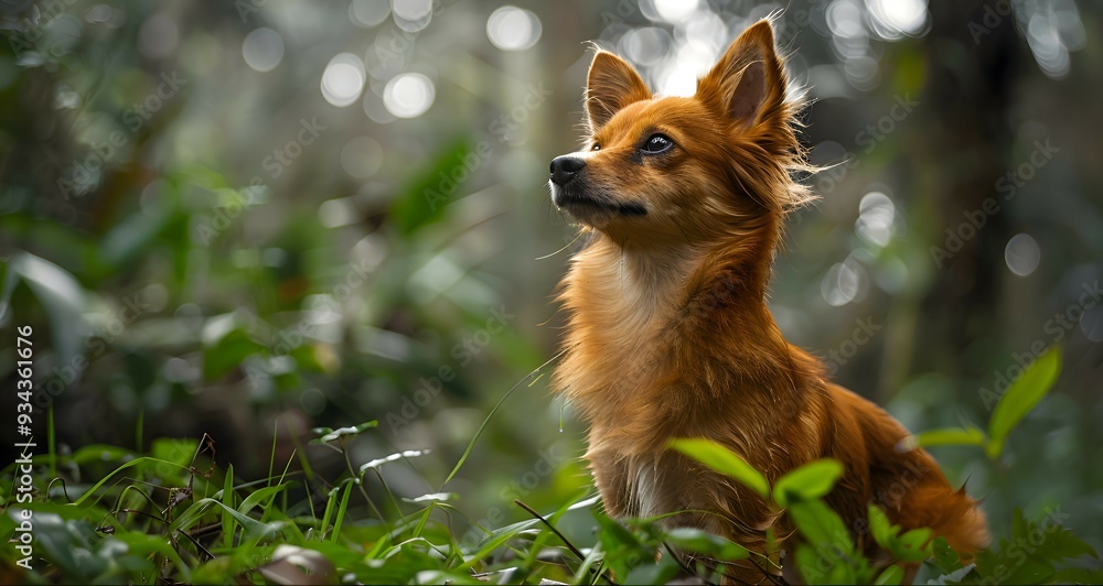 Amazon Bush Dog standing alert in the forest, its compact body and ...