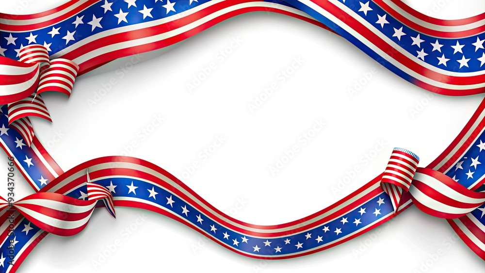 Vibrant red, white, and blue patriotic ribbon border with waving flag ...