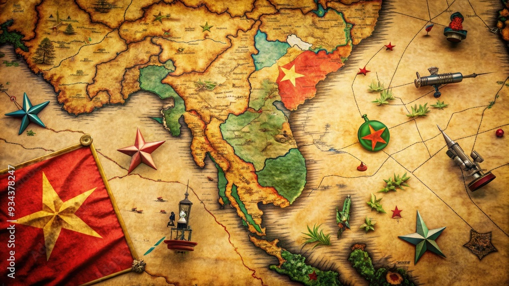 Vintage map of Vietnam with military symbols and markings, highlighting ...