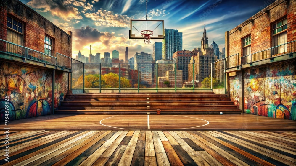 Vintage-style basketball court scene with urban graffiti-covered walls ...