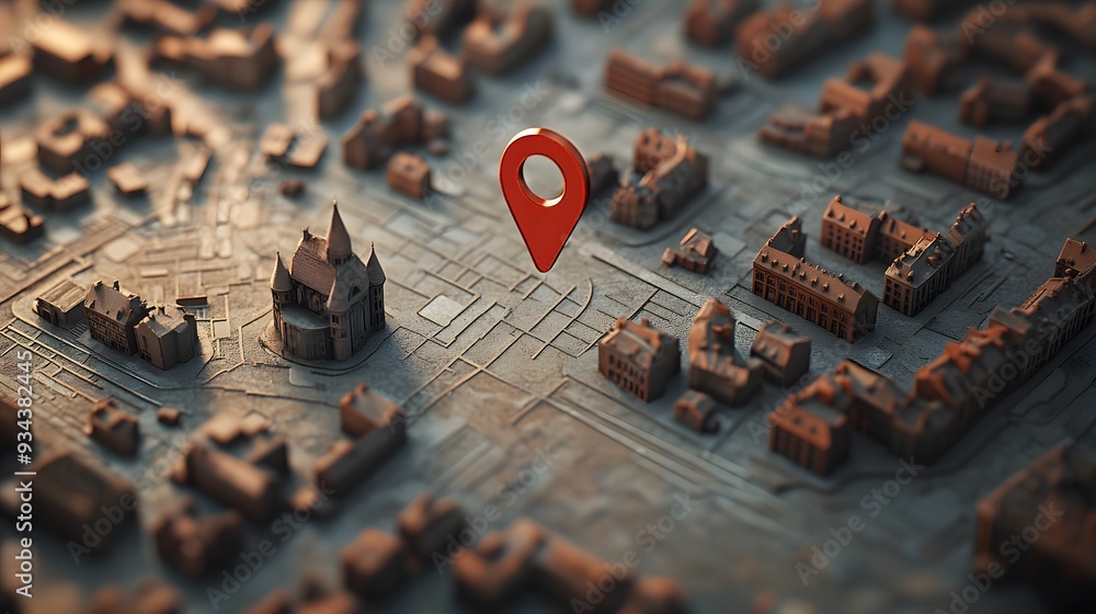 Detailed map with a red location pin set in the center of a historical ...