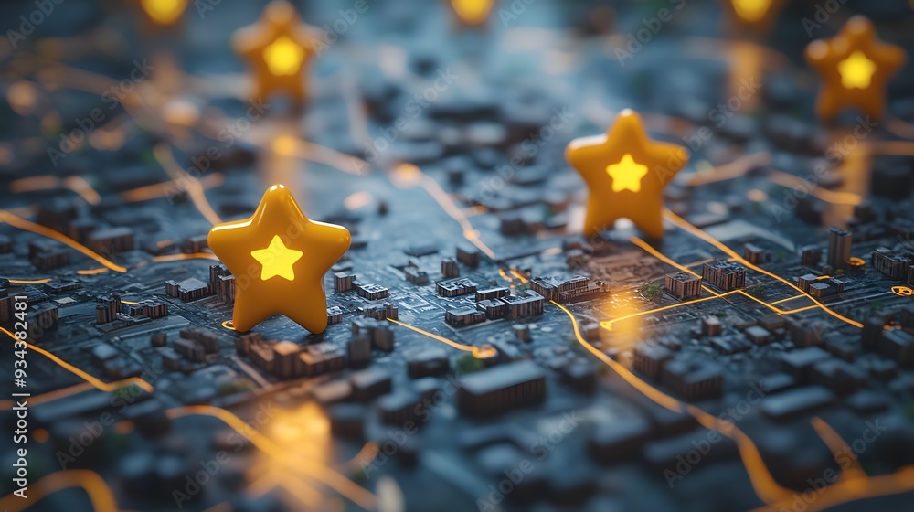 Illuminated digital city map with glowing yellow stars highlighting key ...