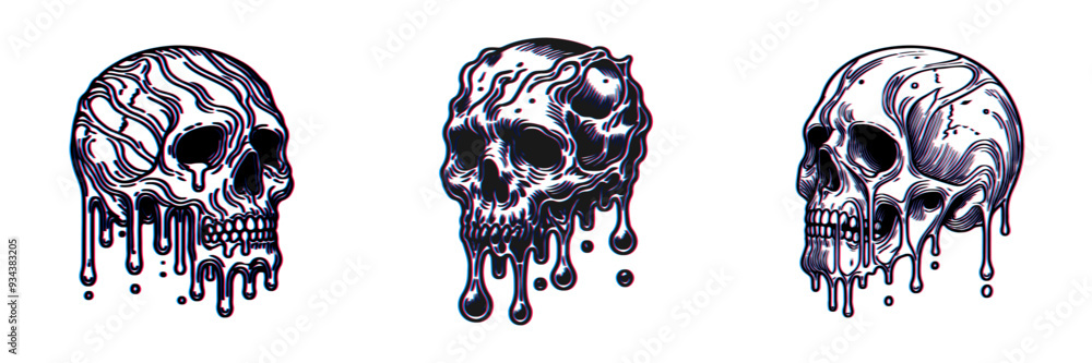 Melting skull illustration set. Bold black dripping skull logo. High ...