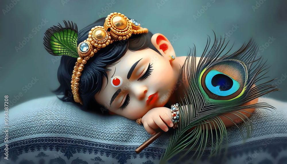 Cute baby Lord Krishna sleeping near peacock feather. Indian religious ...