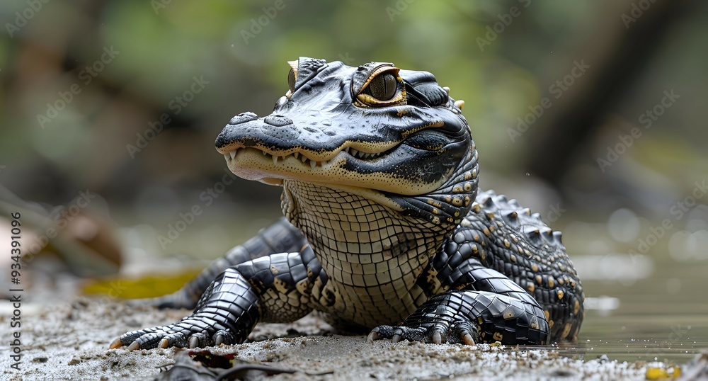 Amazon Dwarf Caiman resting by the water edge, its eyes watching the ...