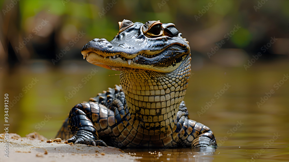 Amazon Dwarf Caiman resting by the water edge, its eyes watching the ...