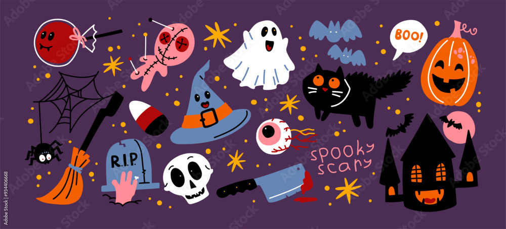 Cartoon halloween stickers magic and witchcraft. 90s wild magic design ...