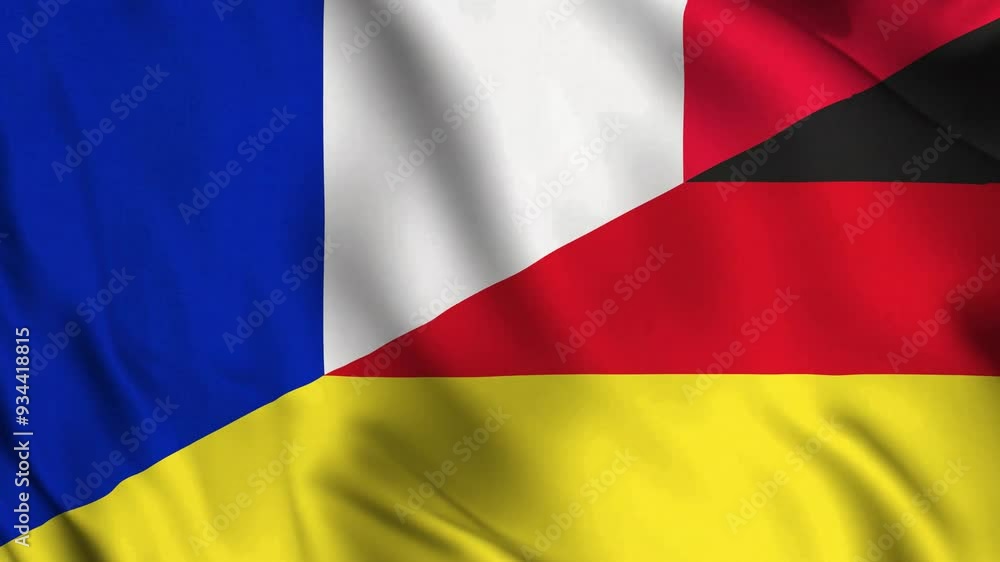 The horizontally aligned combined France and Germany flags are waving ...