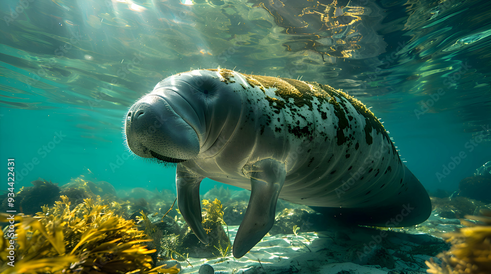 Amazon Manatee grazing on aquatic plants in shallow water, with ...