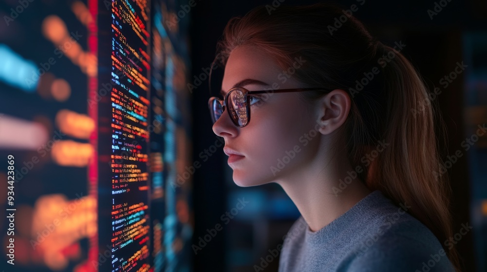 Programmer or information technology worker with glasses reading ...