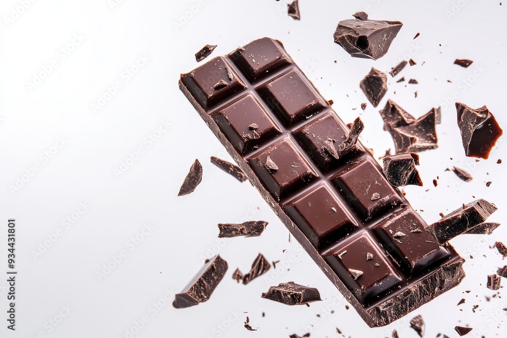 Isolated on white background, chocolate bar wafer falling with flake of ...