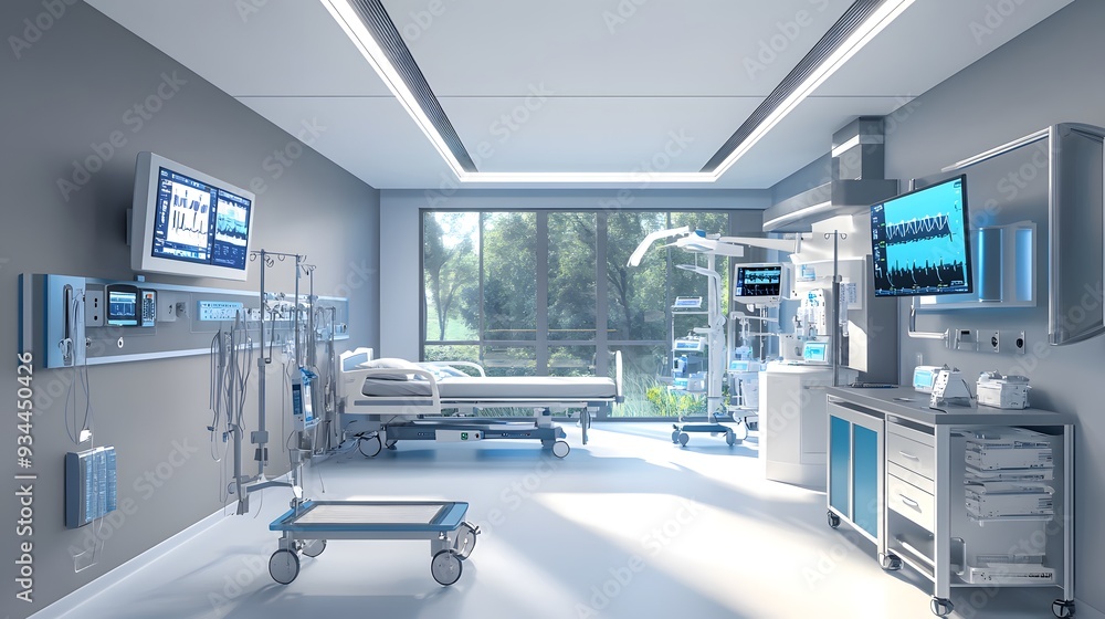 An image of a modern hospital room equipped with advanced medical ...