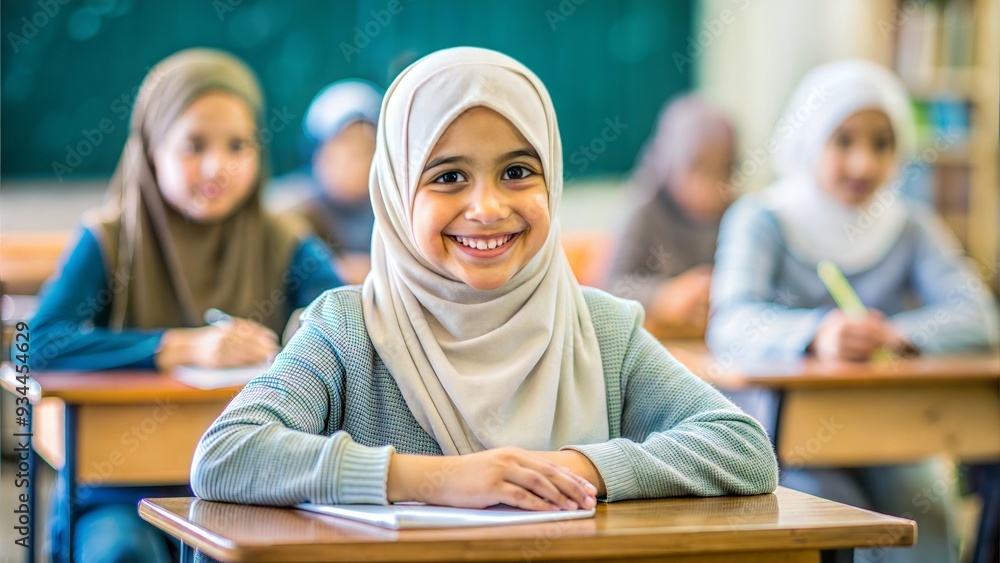 Smiling Muslim Arabic girl sitting at school desk in modern classroom ...