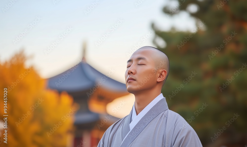 A Korean monk in a traditional gray robe stands in the intricate ...