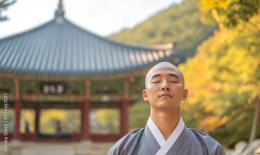 A Korean monk in a traditional gray robe stands in the intricate ...