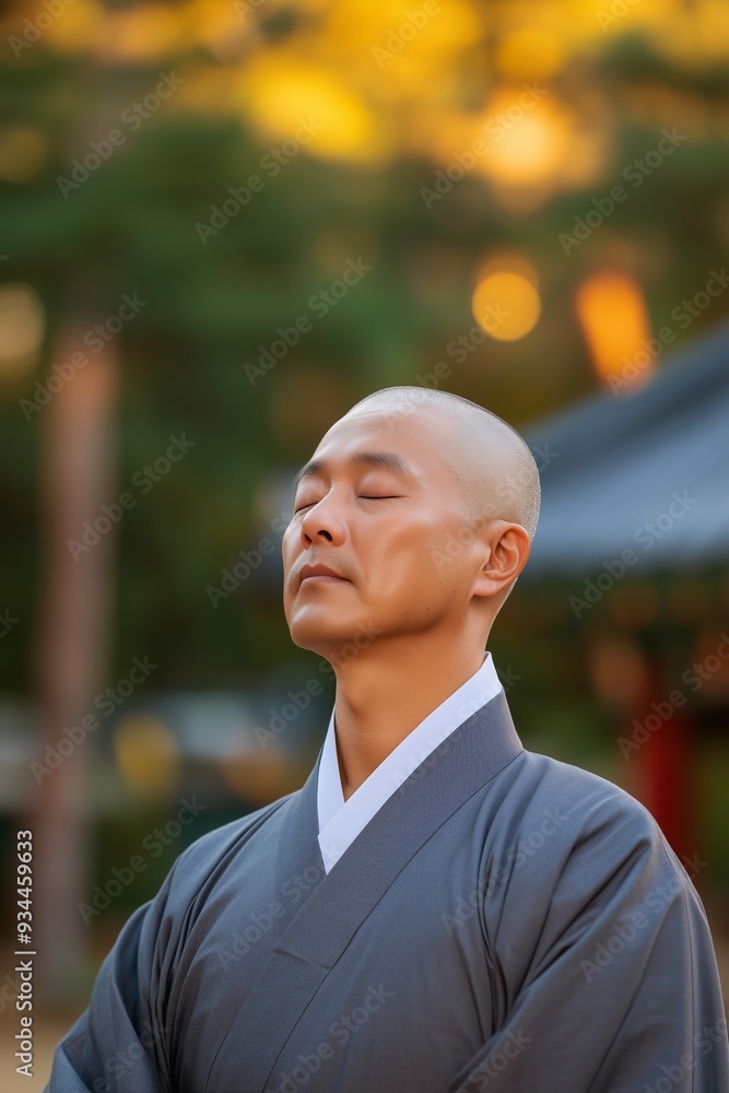 A Korean monk in a traditional gray robe stands in the intricate ...
