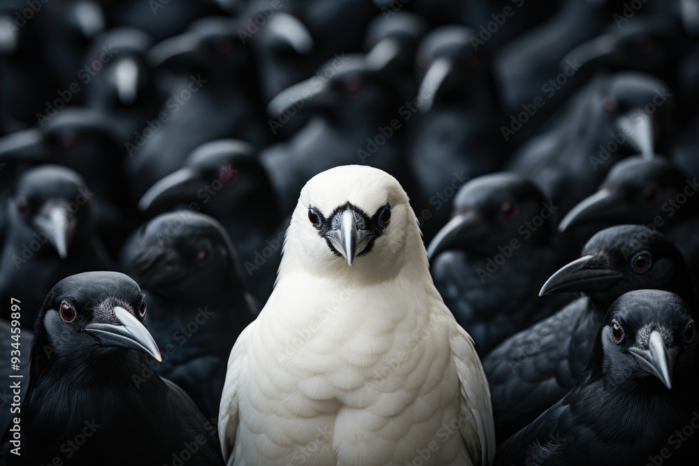 Uncommon sight - a white crow in a flock of black crows, illustrating ...