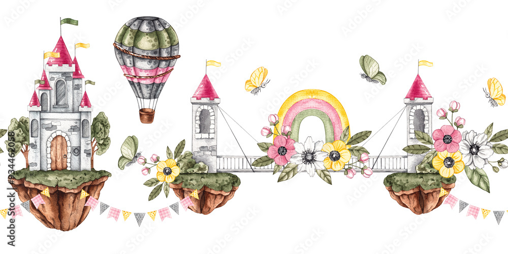 Watercolor seamless horizontal pattern with air castle. Kids fairy tale ...