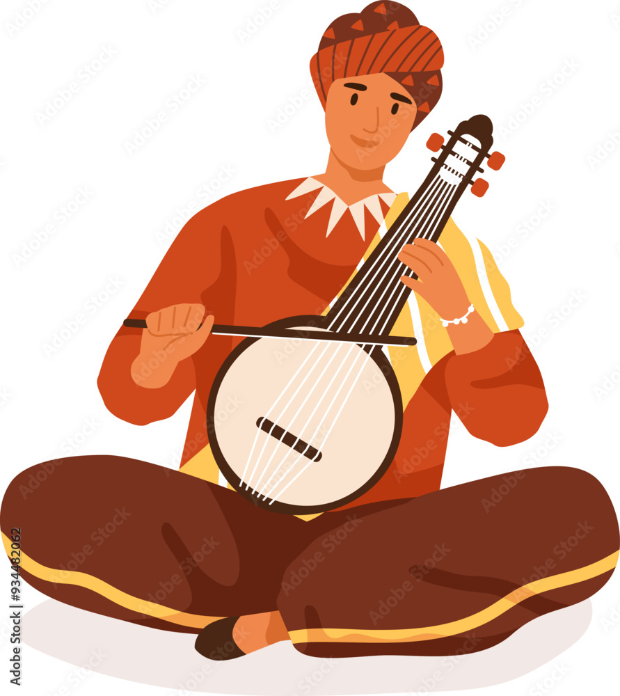 Indian street musician playing traditional string instrument, vina or ...