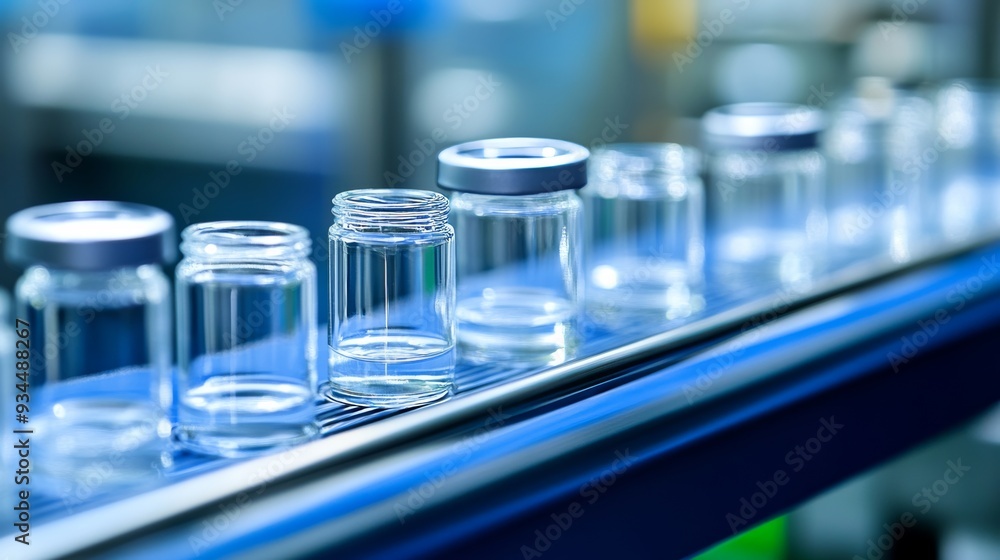 A conveyor belt of medical vials is seen in a pharmaceutical medicine ...