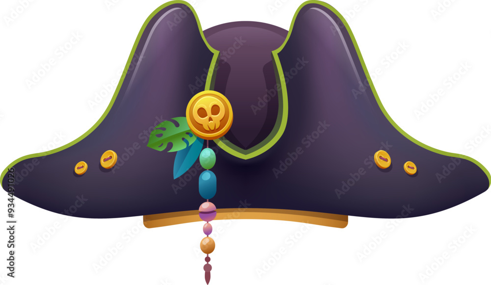 Cartoon pirate hat, corsair captain tricorn adorned with golden Jolly Roger skull emblem and ...
